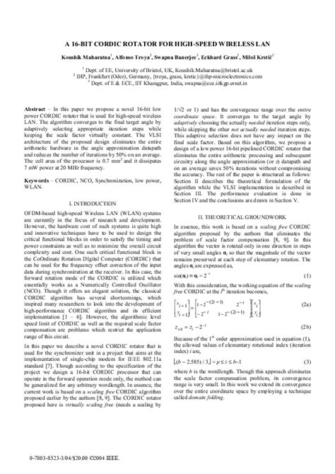 Pdf A 16 Bit Cordic Rotator For High Speed Wireless Lan E Grass