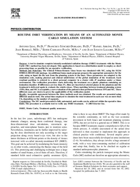 Pdf Routine Imrt Verification By Means Of An Automated Monte Carlo Simulation System