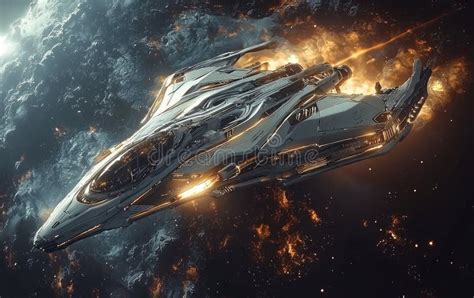 futuristic spaceship in space with explosions and fire stock