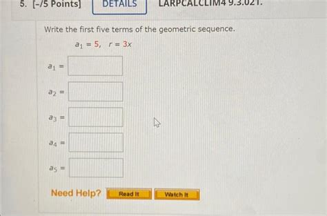 Solved Write The First Five Terms Of The Geometric Sequence Chegg