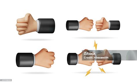 3d 만화 손은 엄지 손가락 올리기 주먹 부딪치기 주먹 싸움 등 다양한 제스처를 보여줍니다 비즈니스 개념에 대 한 벡터 격리 된 손 제스처의 모음 3차원 형태에 대한 스톡