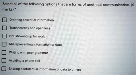 Solved Select All Of The Following Options That Are Forms Of Unethical