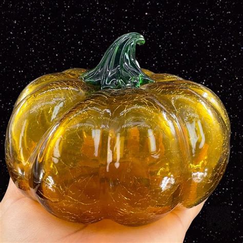 Crackled Art Glass Pumpkin Yellow Amber Glass Green Top Paperweight Figurine Etsy
