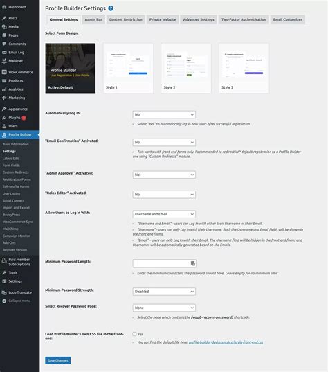 profile builder settings