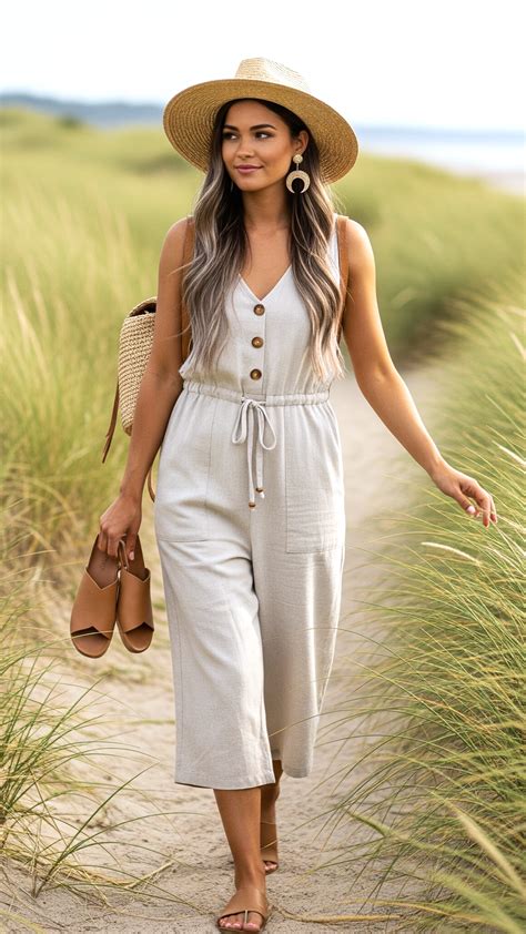 Summer Beach Day Outfit Beach Look Linen Jumpsuit And Straw Hat Beige