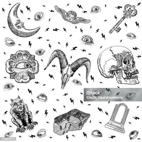 연금술 요술 마술 다양한 신비주의 상징을 가진 신비주의 신비주의의 집합 골동품 묘비 또는 묘비 Cherub 천사 인간과 염소 두개골 열쇠 크리스탈 눈 달 천둥 벡터 몬스터에