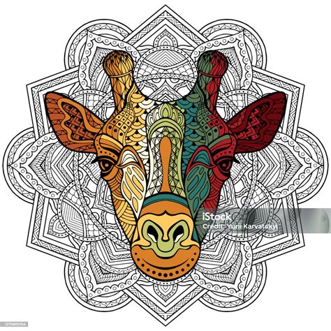 기린의 머리는 인도와 멕시코 장식으로 손으로 그려져 있습니다 꽃 무늬가있는 배경 절연 둥근 장식 착색은 젠틀앵글 낙서 의 스타일로 라인으로 만들어집니다 머리에 대한 스톡