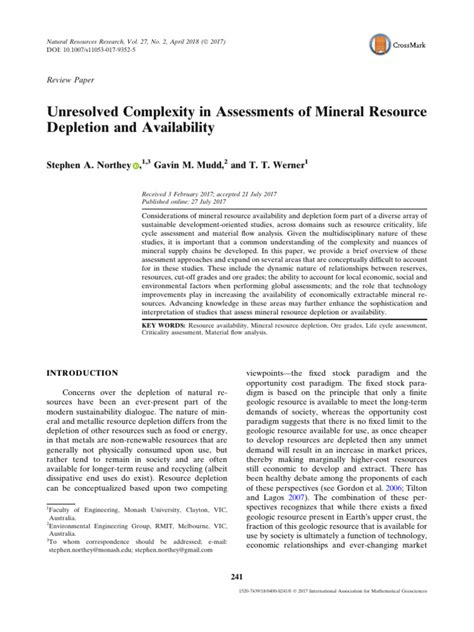 Unresolved Complexity In Assessments Of Mineral Resource Depletion And Availability Pdf