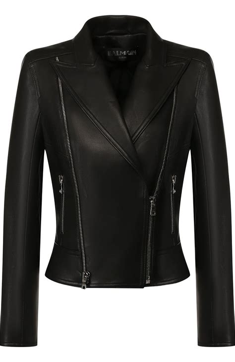 Женская черная приталенная кожаная куртка с косой молнией Balmain — купить за 191000 руб в