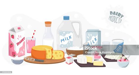 유제품 세트입니다 우유 과일 요구르트 사워 크림 다양한 종류의 치즈 아이스크림 과일에 대한 스톡 벡터 아트 및 기타 이미지 과일 냉동식품 마스담 치즈 Istock