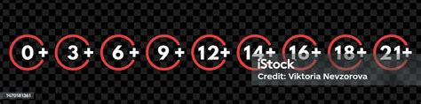 연령 제한 표지판 설정 성인 콘텐츠 전용 연령 제한 0 3 6 12 14 16 18 21 플러스 세 아이콘 비난 경고 연령 플러스 벡터 격리 된 그림 0명에 대한 스톡 벡터