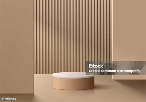 3d 현실적인 흰색과 갈색 실린더 받침대 연단 배경에 창 빛과 그림자가 있습니다 벽 최소 장면 모형 제품 무대 쇼케이스 배너