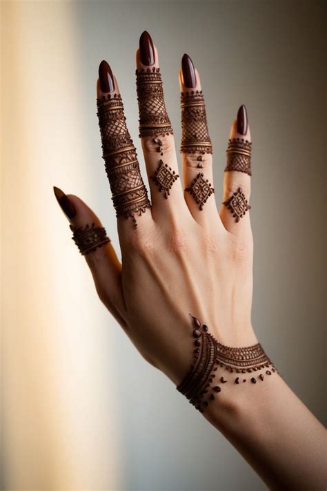 Regal Mesh Finger Mehndi Design With Geometric Accents Mehndi Designs