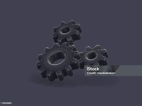 회색 배경에 그림자가 있는 3d 기어 3개 디지털 실버 톱니 바퀴 연결의 추상 벡터 그림 3차원 형태에 대한 스톡 벡터 아트 및