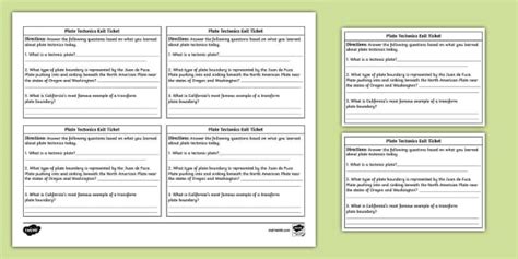 Sixth Grade Plate Tectonics Science Exit Ticket