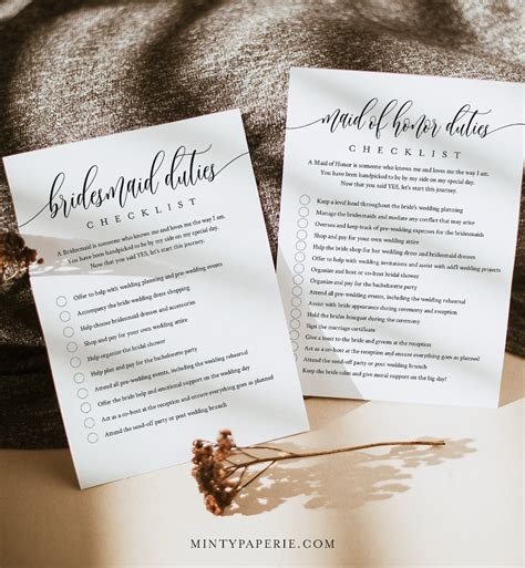 Minimal Bridesmaid Duties Checklist Maid Of Honor Duties Bridal Party Info Card Editable Text