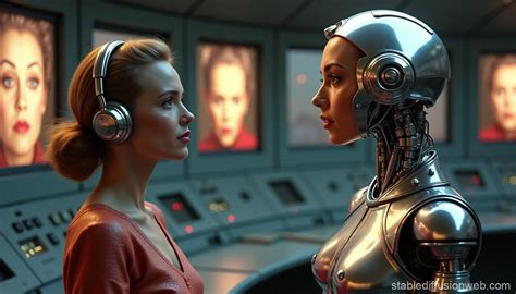Chrome Woman And Robot In Retro Control Room Stable Diffusion Online