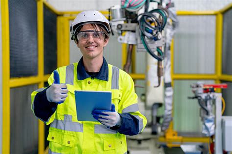 전문 기술자 또는 엔지니어의 초상화는 엄지 손가락으로 태블릿을 들고 공장 로봇 팔 기계 앞에서 웃는 스탠드로 카메라를 봅니다 25 29세에 대한 스톡 사진 및 기타 이미지