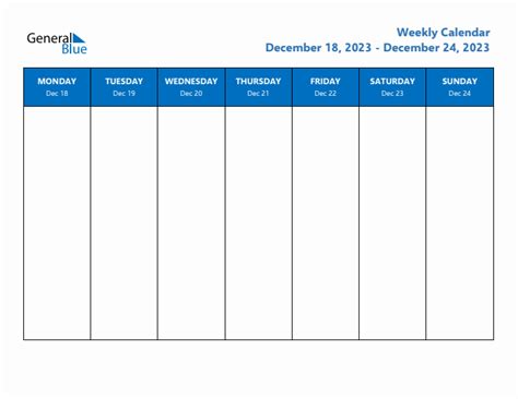 Printable Blue Weekly Calendar Template Week 51 2023