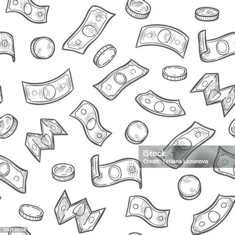 돈 비 원활한 패턴 스케치 달러 지폐와 동전 떨어지는 현금 승리 복권 카지노 금융 행운 벽지 벡터 텍스처 미국 지폐 통화에 대한