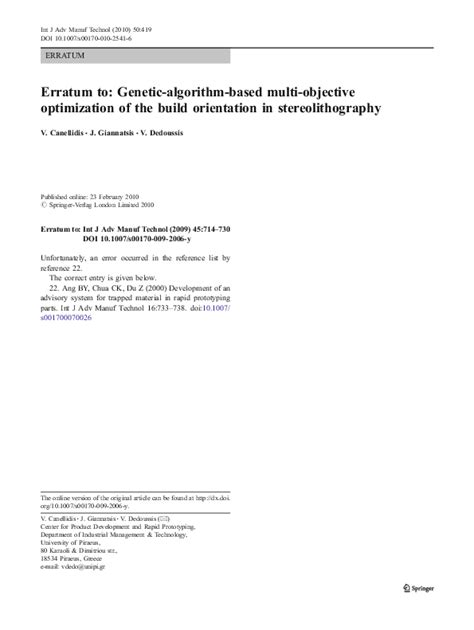 Pdf Erratum To Genetic Algorithm Based Multi Objective Optimization
