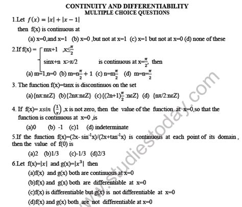 Cbse Class 12 Mathematics Continuity And Differentiability Mcqs Set A