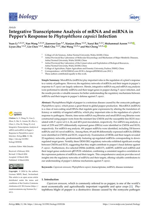 Pdf Integrative Transcriptome Analysis Of Mrna And Mirna In Peppers Response To Phytophthora