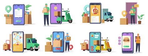 사람 캐릭터와 함께 배달 온라인 주문 및 택배 배송 스쿠터 및 트럭을 통한 물류 Brand Name Smart Phone에 대한 스톡 벡터 아트 및 기타 이미지