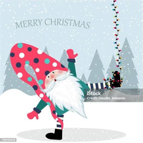 아름 다운 평면 디자인 크리스마스 카드 재미 그놈 매달려 크리스마스 포스터입니다 유머에 대한 스톡 벡터 아트 및 기타 이미지 유머 크리스마스 카드 12월 Istock