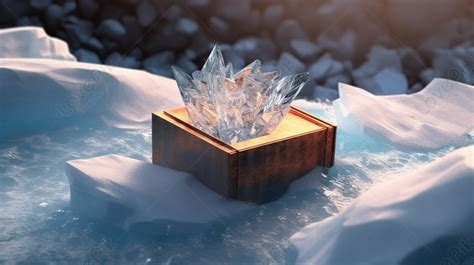 열린 판지 상자와 들쭉날쭉한 얼음 배경에 책갈피가 있는 책의 매혹적인 3d 렌더링 얼어붙은 풍경 판지 배경 열린 배경