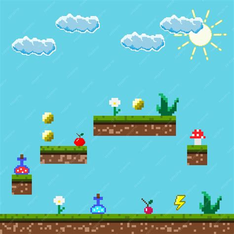 Premium Vector Pixel Game Background With Ground Grass Sky And Props