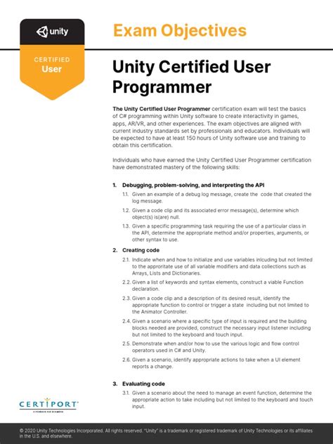 Unity Certified User Programmer Exam Objectives Pdf Programmer
