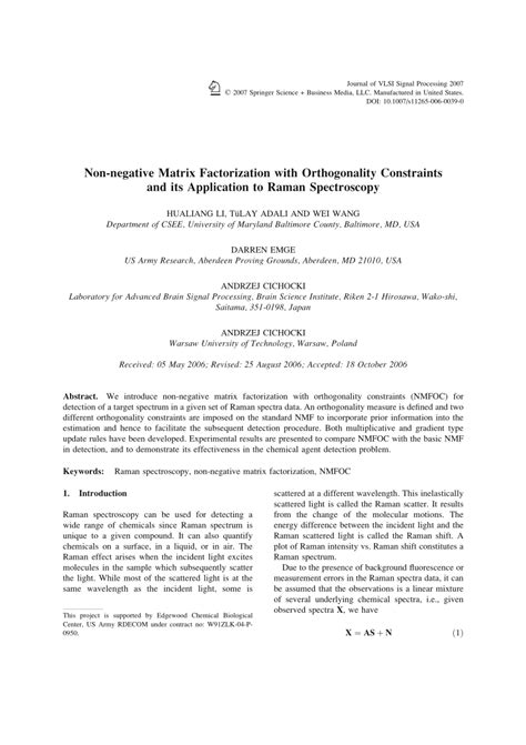 Pdf Doi 101007s11265 006 0039 0 Non Negative Matrix Factorization With Orthogonality