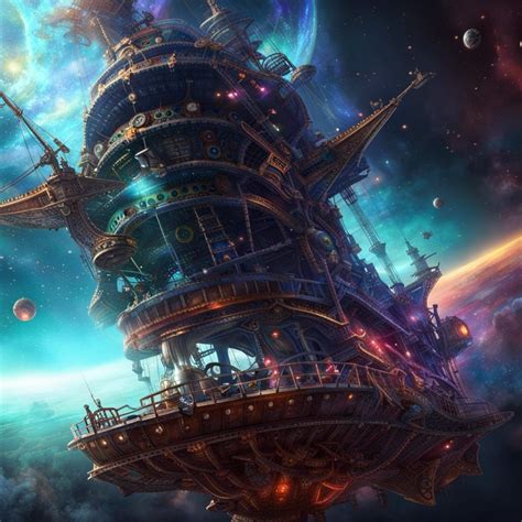 Space Pirate Steampunk Ship As Spaceship Giant Space Kraken Rusty Metal Colorful Highly