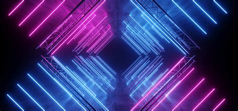 네온 빛나는 보라색 블루 활기찬 공상 과학 소설 미래 단계 연단 건설 금속 삼각형 콘크리트 그런지 반사 어두운 밤 가상 쇼 배경 레이저 터널 복도 3d 렌더링 0명에 대한