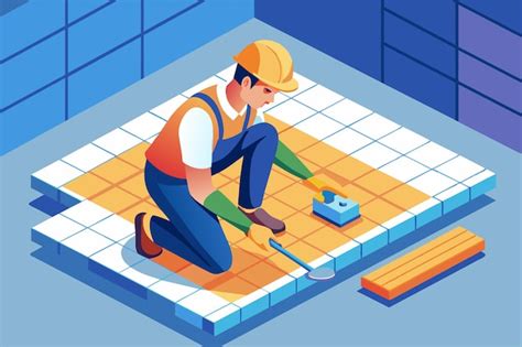 A Worker Kneels On The Ground Carefully Placing Tiles While Using A
