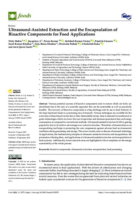Pdf Ultrasound Assisted Extraction And The Encapsulation Of Bioactive