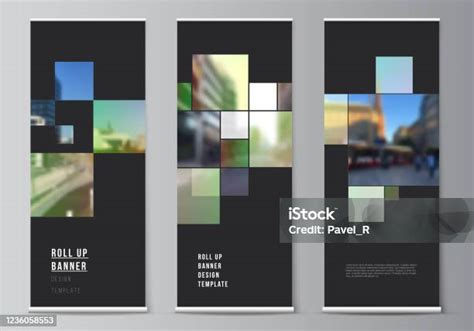 롤업 모형 디자인 템플릿의 벡터 레이아웃 수직 전단지 플래그 디자인 템플릿 배너 스탠드 광고 디자인 모형 사진에 대한 클리핑 마스크 녹색 사각형추상프로젝트 롤업 배너에 대한