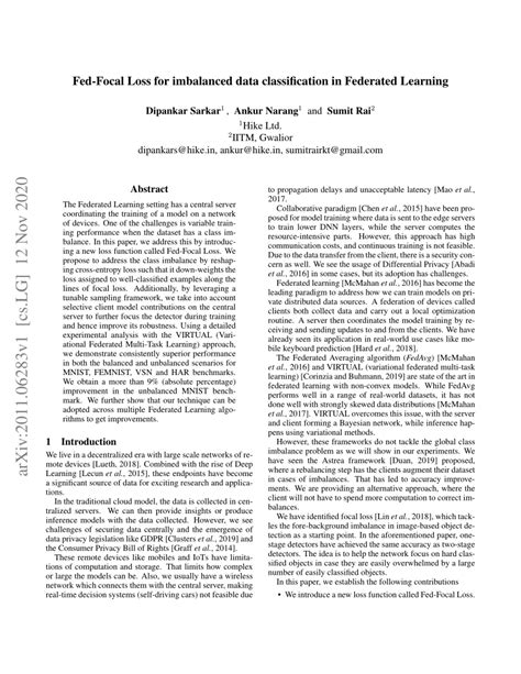Pdf Fed Focal Loss For Imbalanced Data Classification In Federated