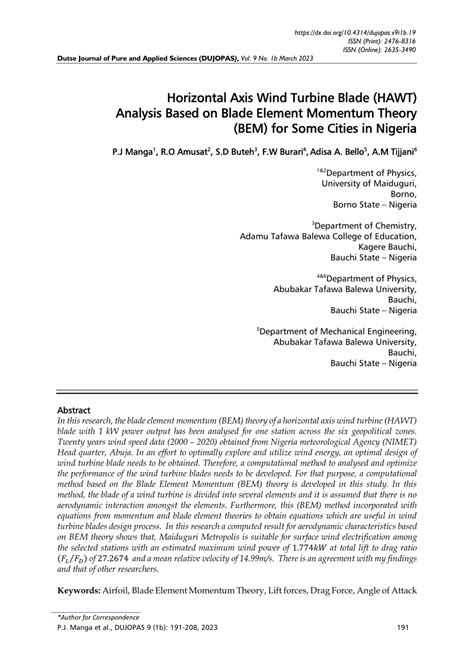 Pdf Horizontal Axis Wind Turbine Blade Hawt Analysis Based On Blade Element Momentum Theory