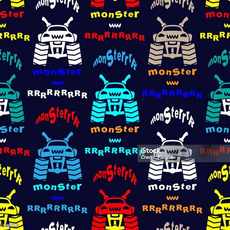 짙은 파란색 배경에 고립 된 밝고 다채로운 다색 몬스터 트럭 정면보기 귀여운 색깔의 자동차 이음새가 없는 무늬 벡터 간단한 평면 그래픽 일러스트레이션 텍스처 스포츠 유틸리티