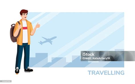 공항에서 엄지손가락을 치켜든 배낭을 멘 청년 여행 컨셉 벡터 일러스트 레이 션입니다 공간 복사 가방에 대한 스톡 벡터 아트 및