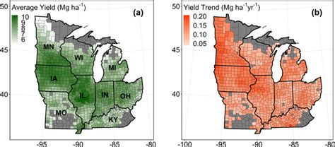 County Level Average Corn Yield A And Trend B In The Nine States In Download Scientific