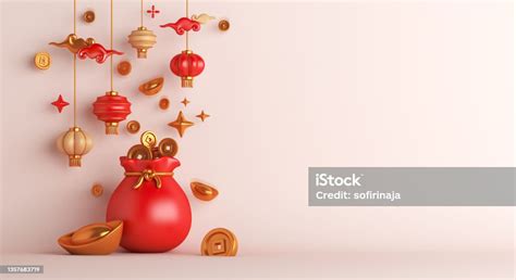 중국 새해 2022 랜턴 위안 바오 골드 Sycee 및 동전 중국 행운가방 복사 공간 텍스트 3d 렌더링 일러스트 3차원 형태에 대한 스톡 사진 및 기타 이미지 Istock