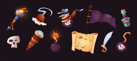 해적들은 만화 스타일로 아이콘을 설정합니다 깃발 폭탄 세이버 고대 양피지 해적의 보물지도 스파이글래스 흰 두개골 손 후크 흡연 파이프 불타는 불과 화염이있는 횃불 플람보