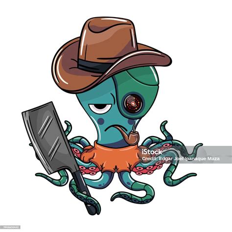 카우보이 모자를 쓴 문어 만화 만화 사이보그 갱스터가 초조한 표정으로 촉수에 파이프와 고기 칼을 피우고 있습니다 판타지 공상 과학 및 모험 만화를 위한 일러스트레이션 T