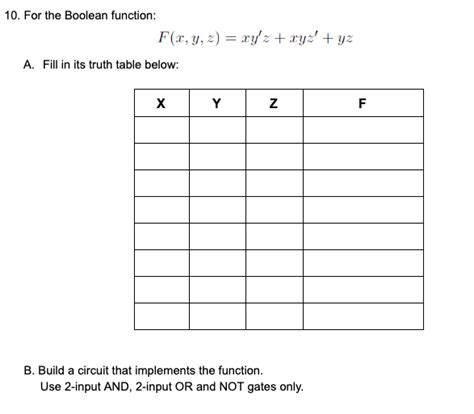 Solved 10 For The Boolean Function Fx Y Z Xyz