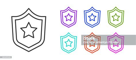 흰색 배경에 격리 된 검은 줄 경찰 배지 아이콘 보안관 배지 기호 별 기호가 있는 방패 다채로운 아이콘을 설정합니다 벡터 감시에 대한 스톡 벡터 아트 및 기타 이미지