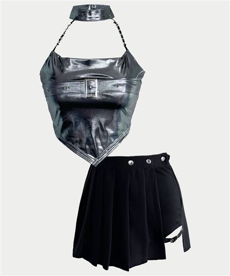 당일출고탑스커트set 실버 체인 홀터넥 벨트 백리스 언발 크롭 나시 플리츠 스커트 가터벨트 섹시 힙 치마바지 공연의상 워터밤 흠뻑쇼 휴양지 제주도 에이블리