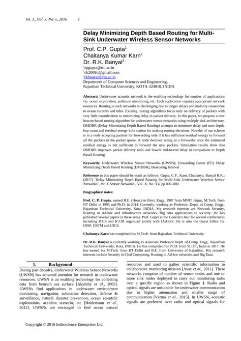 pdf delay minimising depth based routing for multi sink underwater